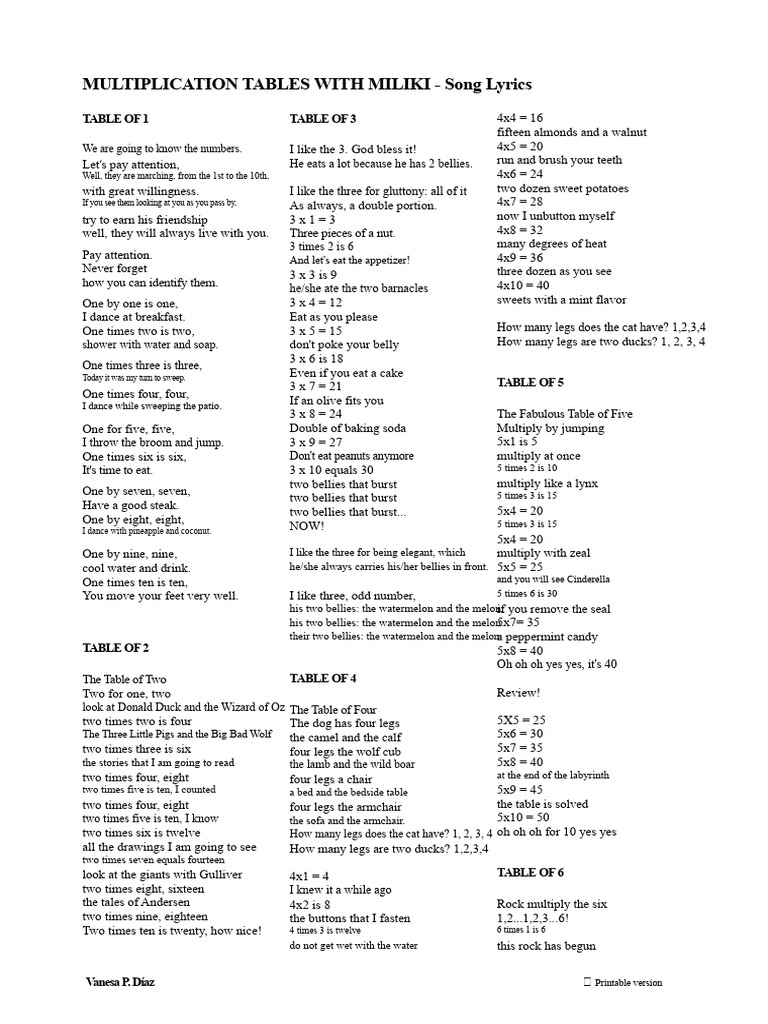 Multiplication Table Song Lyrics | PDF