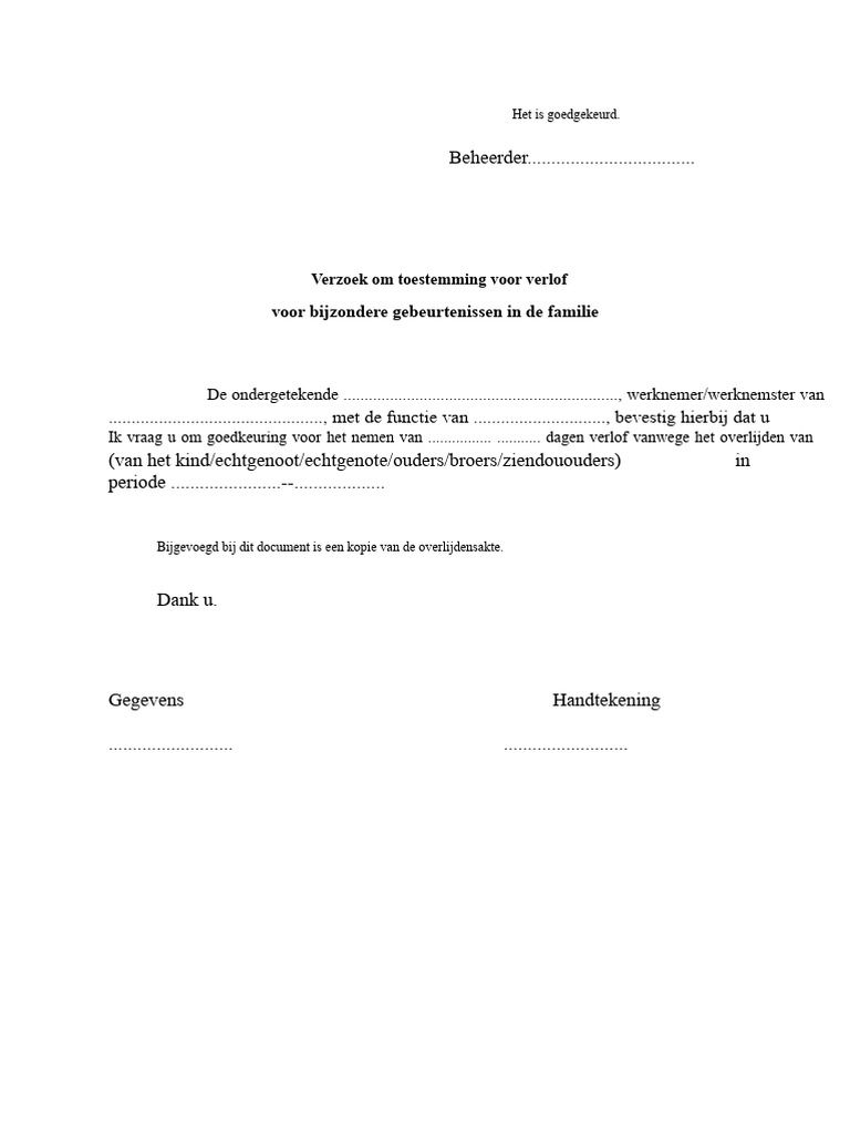 Verzoek Om Verlof Wegens Overlijden | PDF