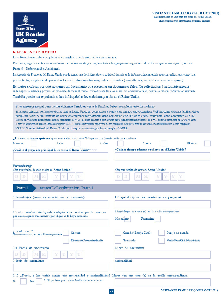 Formulario de Visa Del Reino Unido - Vaf1b | PDF
