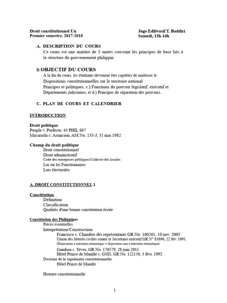 Syllabus de Droit Constitutionnel 1 | PDF | Constitution | Loi ...