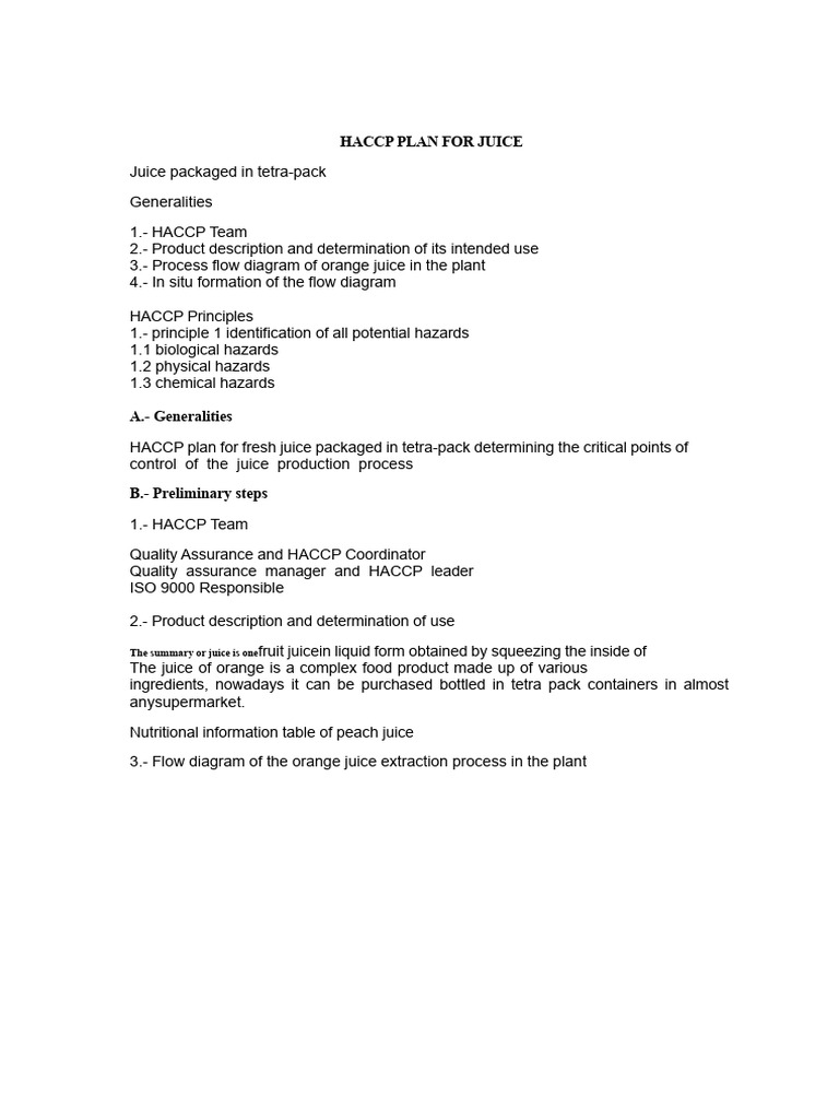 HACCP Plan for Tetra-Pack Juice | PDF | Juice | Diet & Nutrition