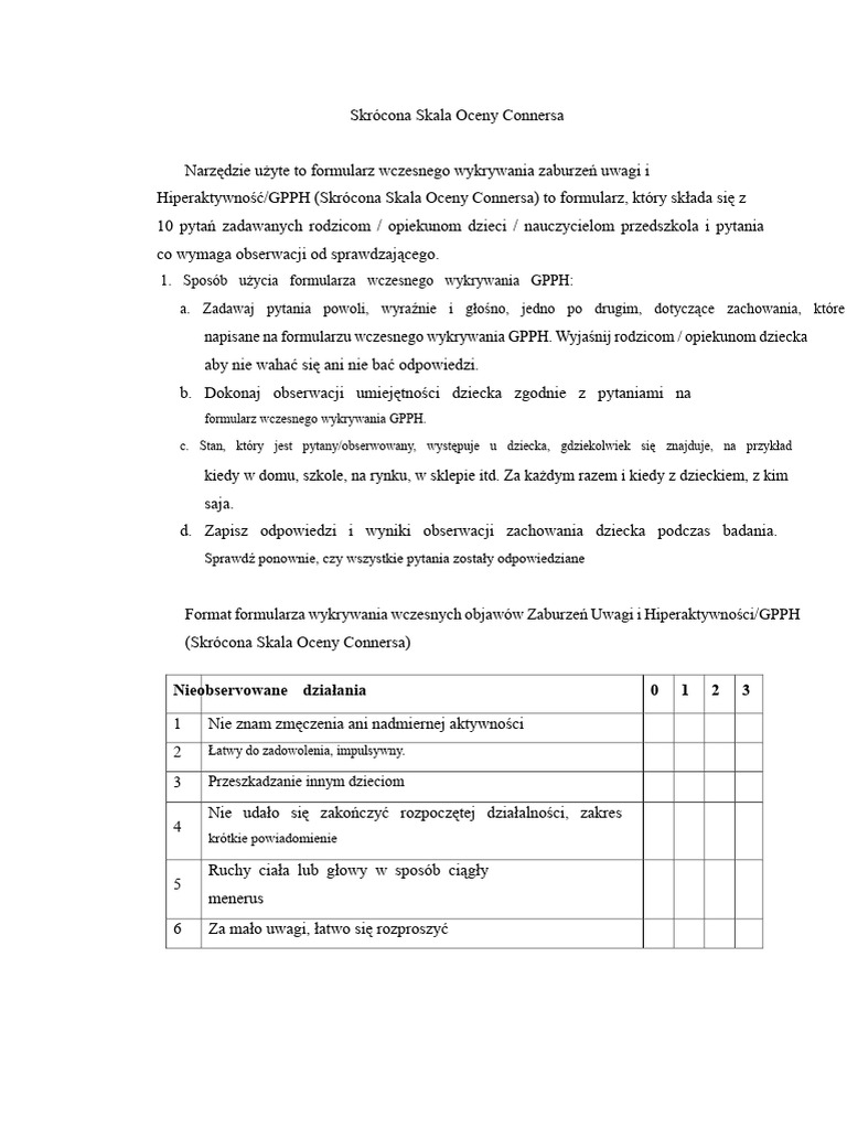 Skrócona Skala Oceny Connersa | PDF