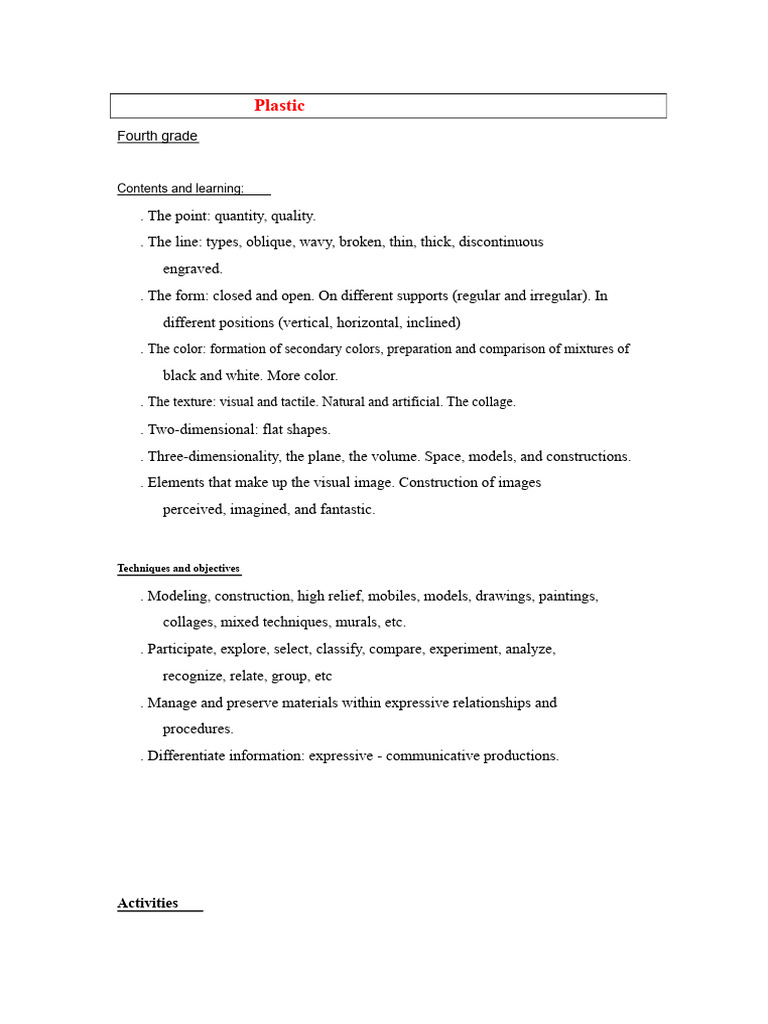 Fourth Grade Art Curriculum: Plastic Techniques | PDF | Color ...