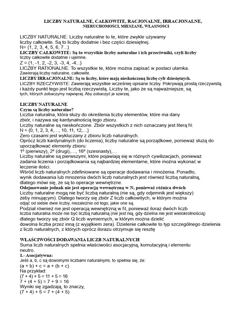 Liczby Naturalne, Całkowite, Wymierne I Niewymierne | PDF