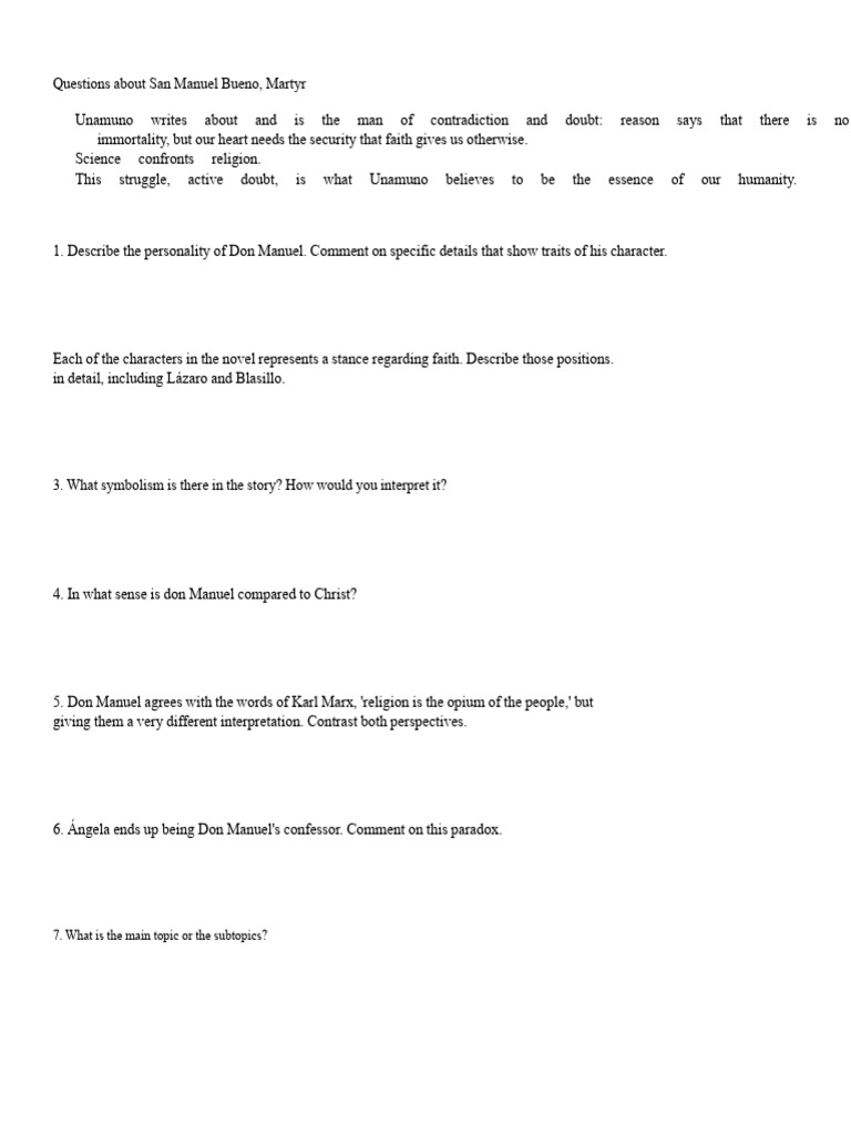 Questions About San Manuel Bueno | PDF