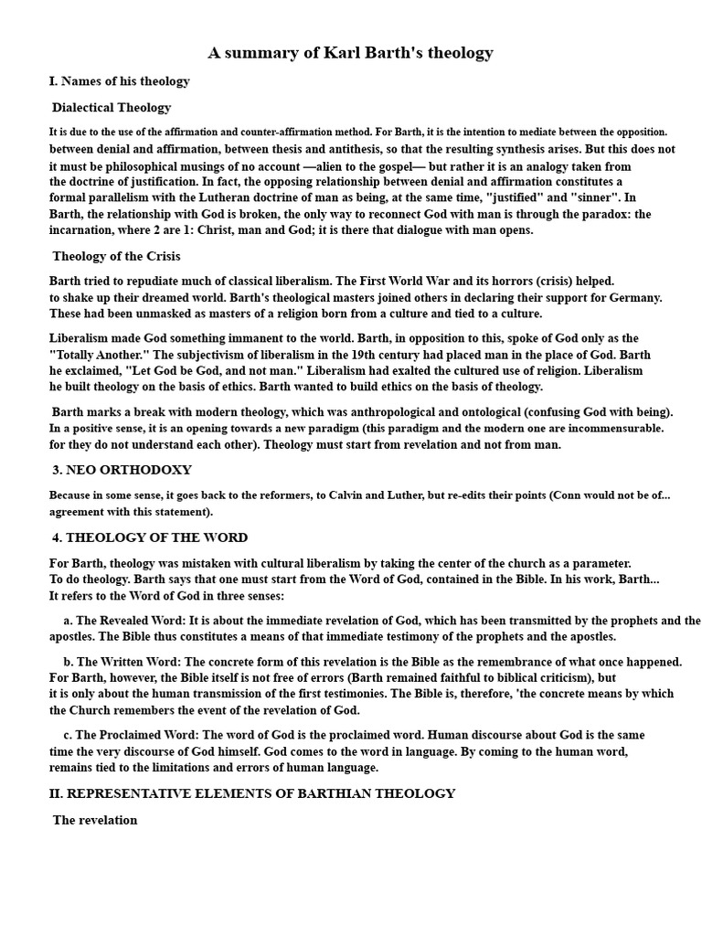 Summary of Karl Barth's Theology | PDF | Karl Barth | Theology