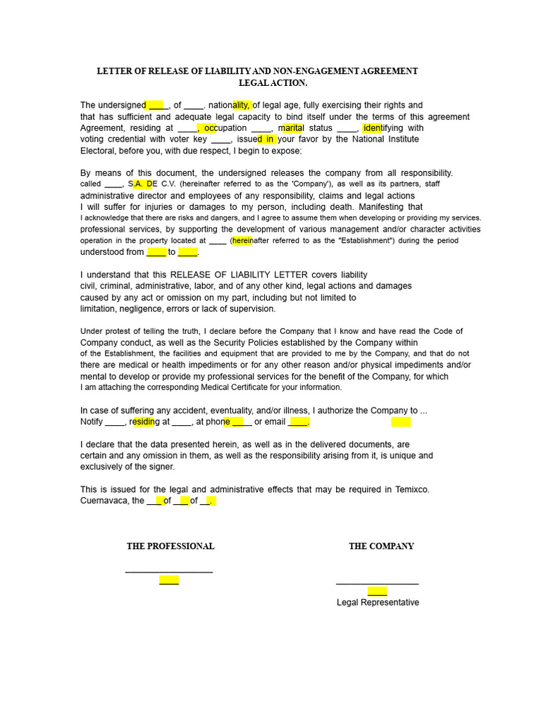 Letter of Release of Liability and Agreement Not To Initiate Legal ...