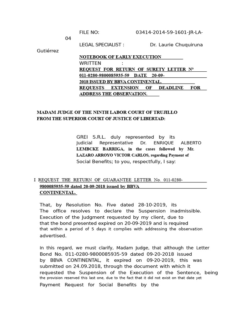 Request For Return of Bond Letter | PDF | Judiciaries | Common Law