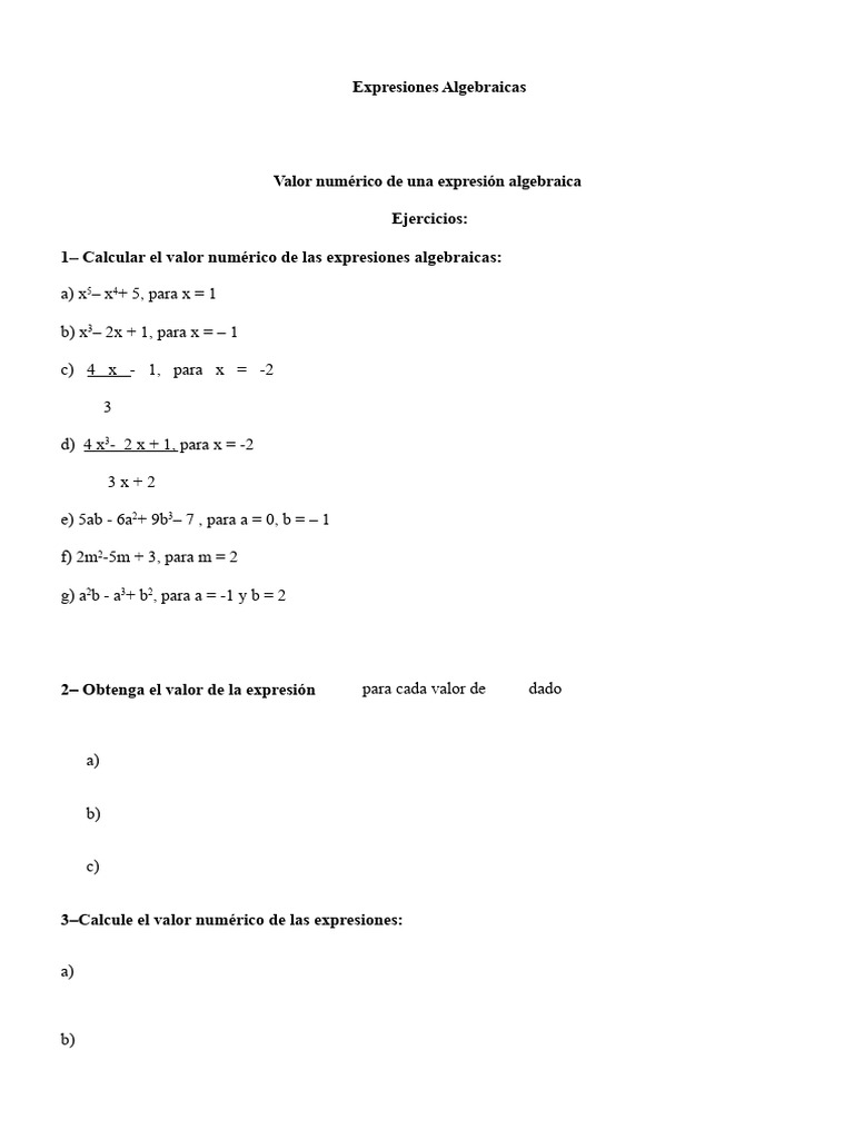 Valor Numérico de Una Expresión Algebraica | PDF | Los símbolos ...