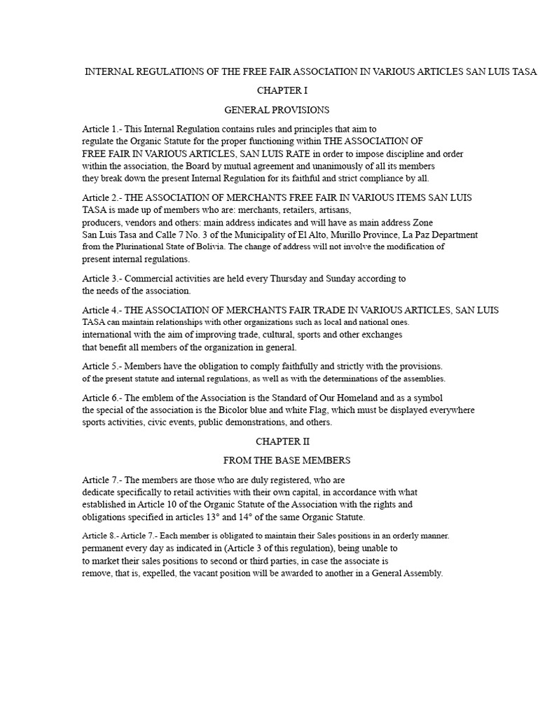 Internal Regulations of The Fair Trade Association in Various Articles San Luis Tasa | PDF ...