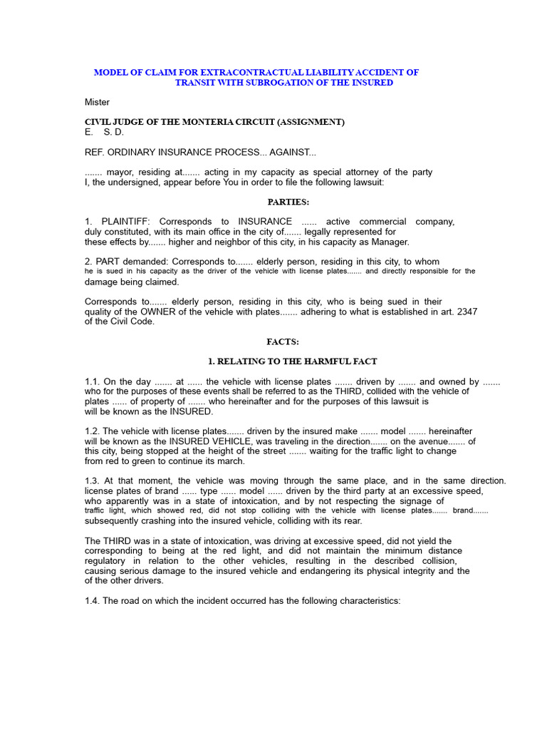 Traffic Accident Model Extracontractual Liability | PDF | Traffic ...