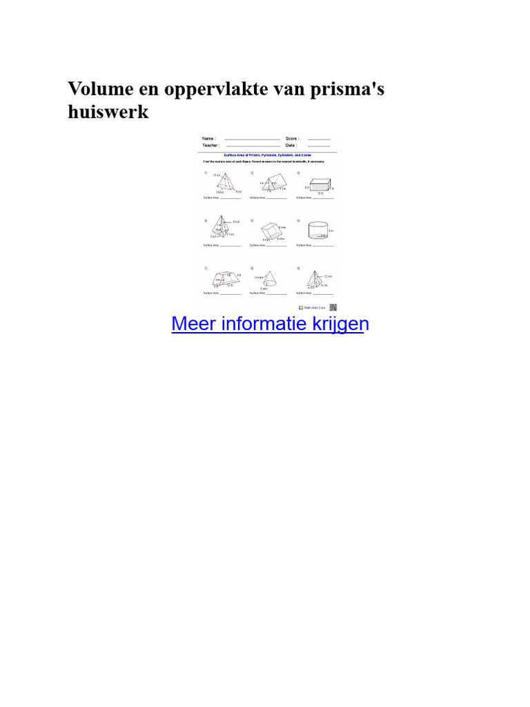 Volume en Oppervlakte Van Prisma's Huiswerk | PDF