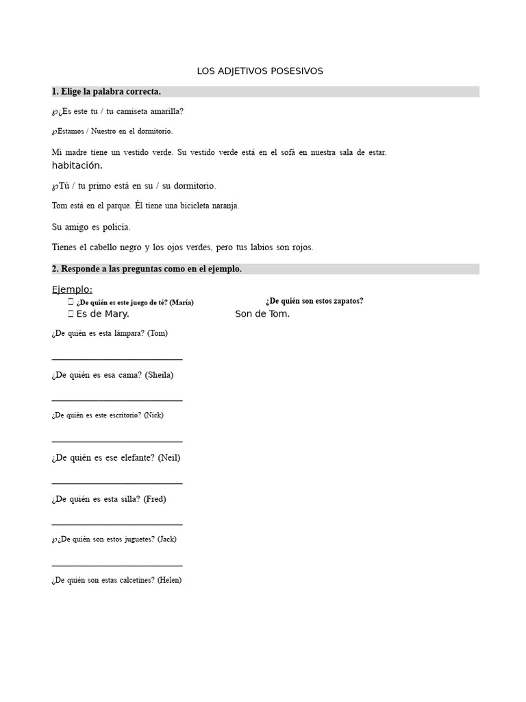 Ejercicios de Adjetivos Posesivos | PDF | Adjetivo | Morfología Lingüística