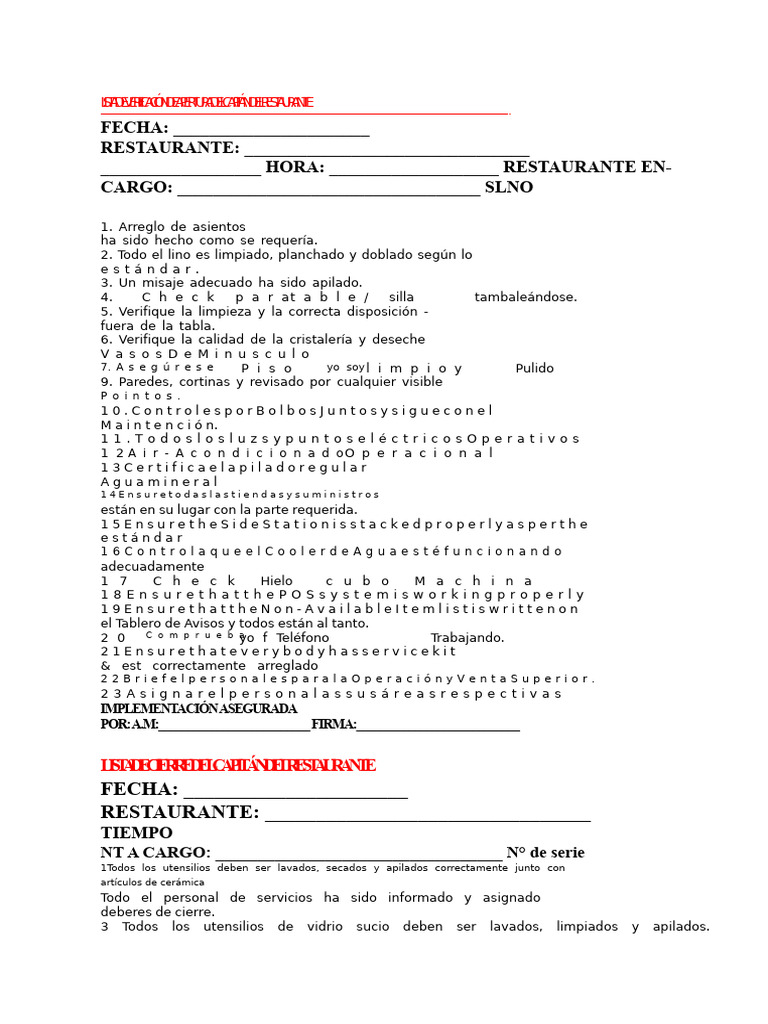 Checklist de Apertura y Cierre de Restaurante | PDF | Materiales