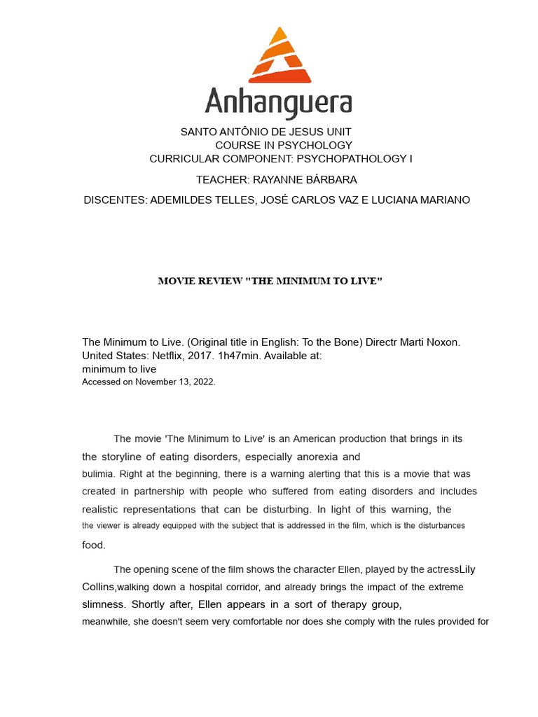 Review of the Movie "The Minimum to Live" | PDF | Anorexia Nervosa ...