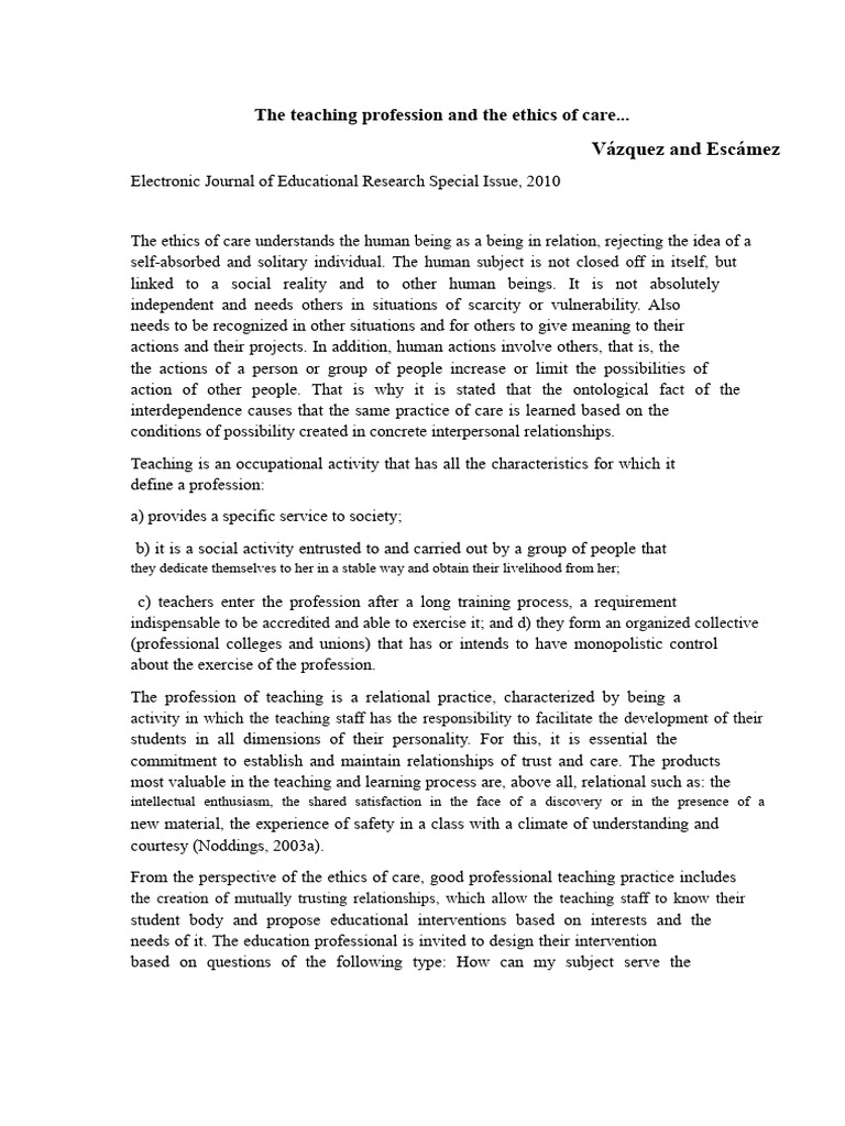 Ethics of Care in Teaching Profession | PDF | Profession | Value (Ethics)