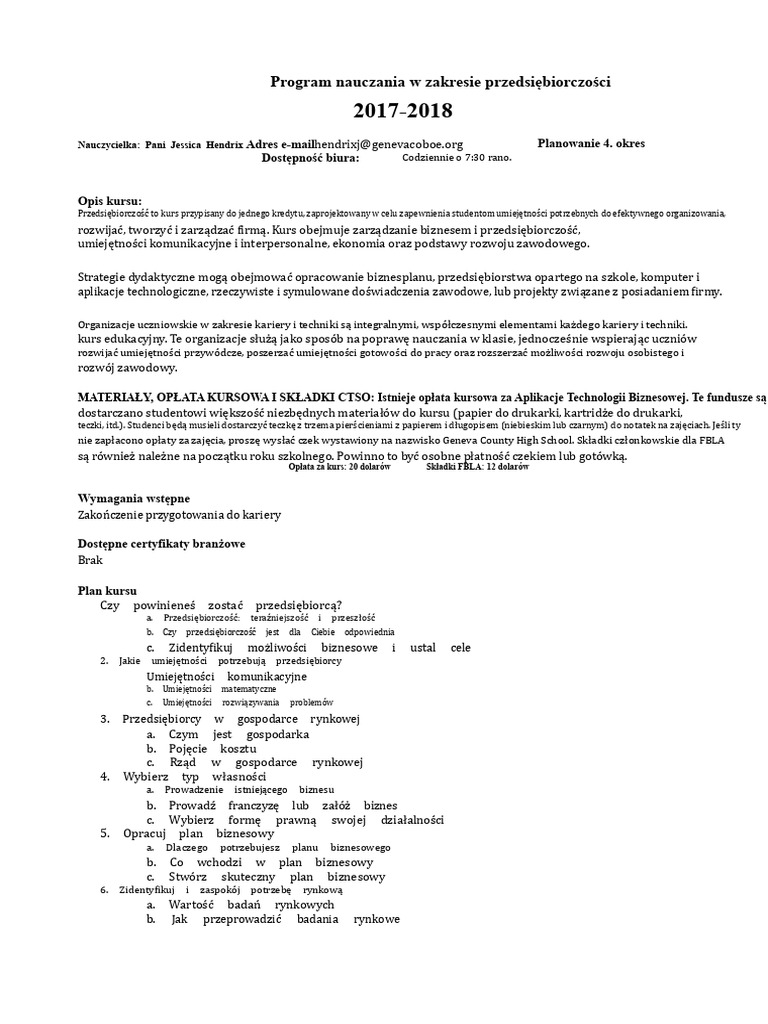 Program Nauczania Dla Przedsiębiorczości | PDF
