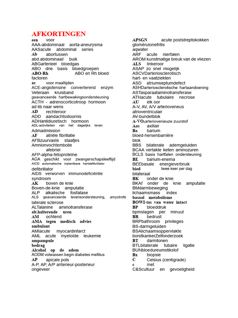 Verpleegkunde Afkortingen, Voorvoegsels en Achtervoegsels | PDF