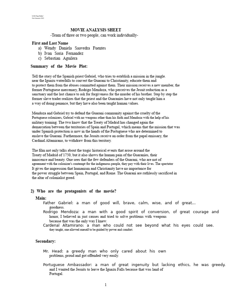 The Mission MOVIE ANALYSIS SHEET | PDF