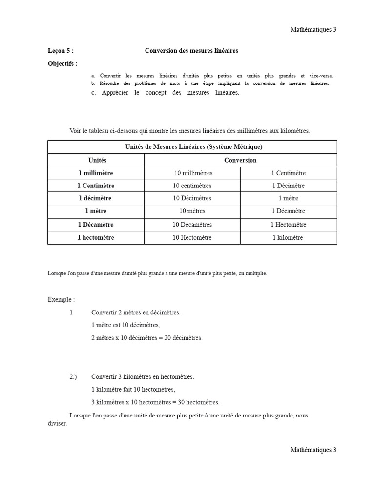 Conversion des mesures linéaires en maths | PDF | Mètre