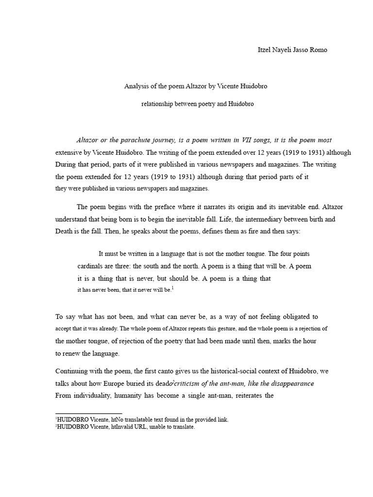 Analysis of The Poem Altazor by Vicente Huidobro | PDF | Poetry