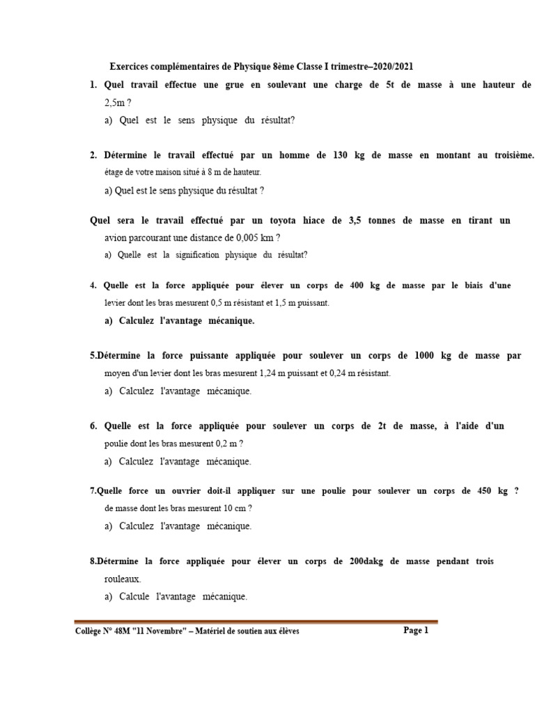 Exercices de Physique pour 8ème Classe | PDF | Chaleur | Puissance ...