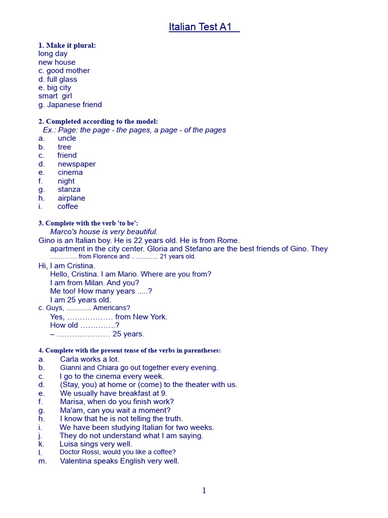 Italian A1 Test and Solutions Guide | PDF | Languages | Foreign ...