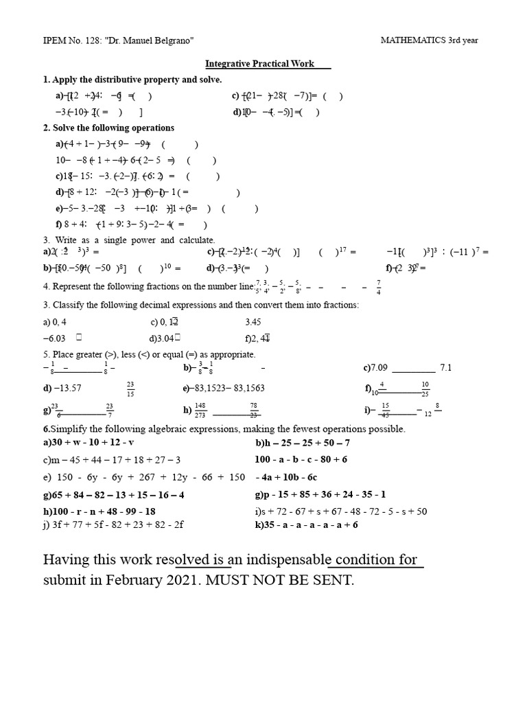 3rd Year - Mathematics - Integrated Practical Work | PDF | Subtraction | Number Theory