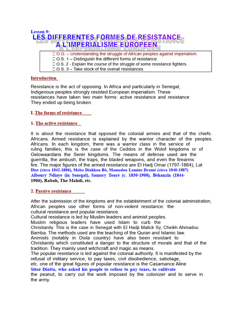 Lesson 9 - The Different Forms of Resistance To European Imperialism | PDF