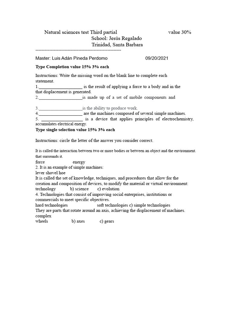 Natural Sciences Test Third Term Fifth 2021 | PDF
