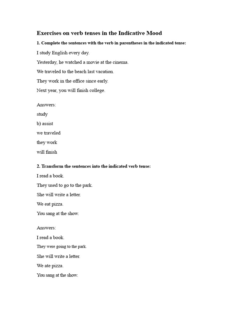 Exercises On Verb Tenses in The Indicative Mood | PDF | Grammatical ...