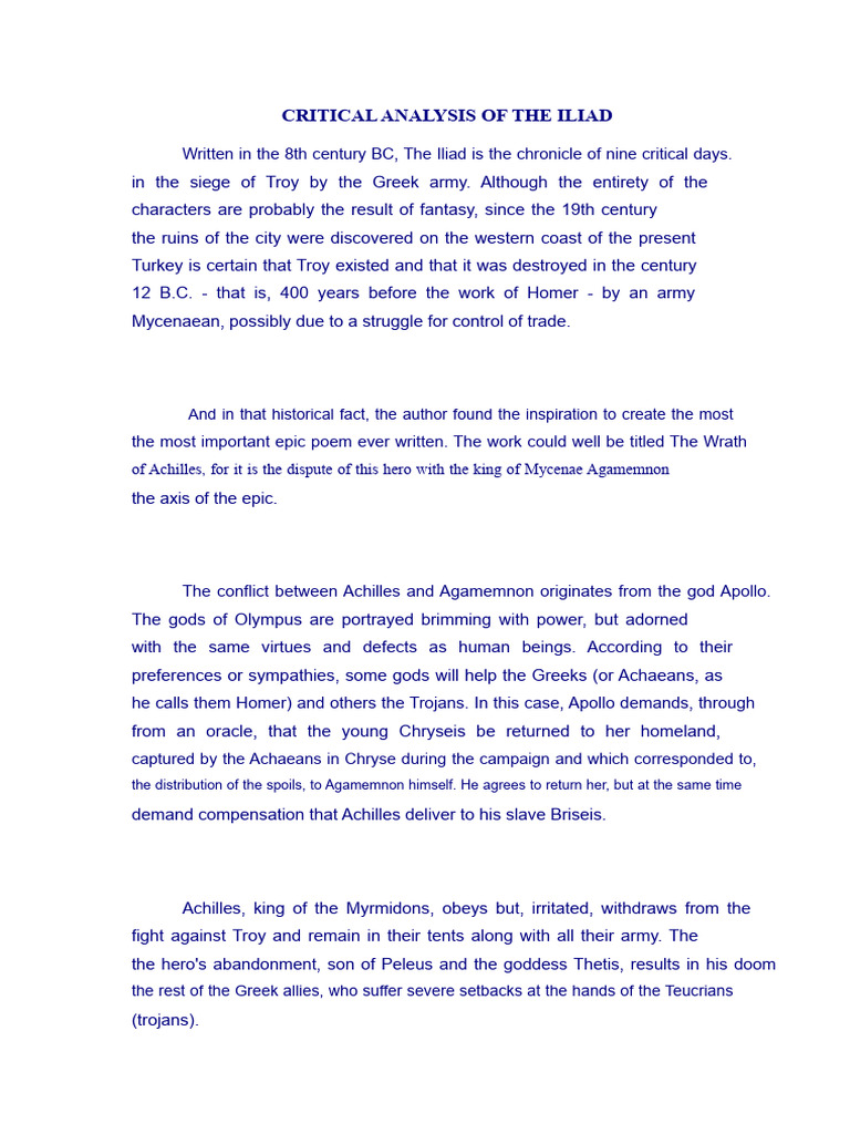 Critical Analysis of The Iliad | PDF | Achilles | Iliad