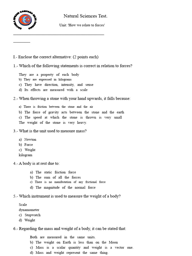 Natural Sciences Forces Test Guide | PDF | Force | Weight
