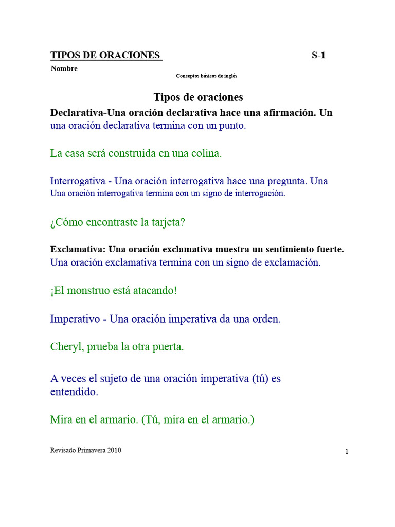 4 Tipos y Clases de Oraciones Preparación para El Examen Estudiante ...
