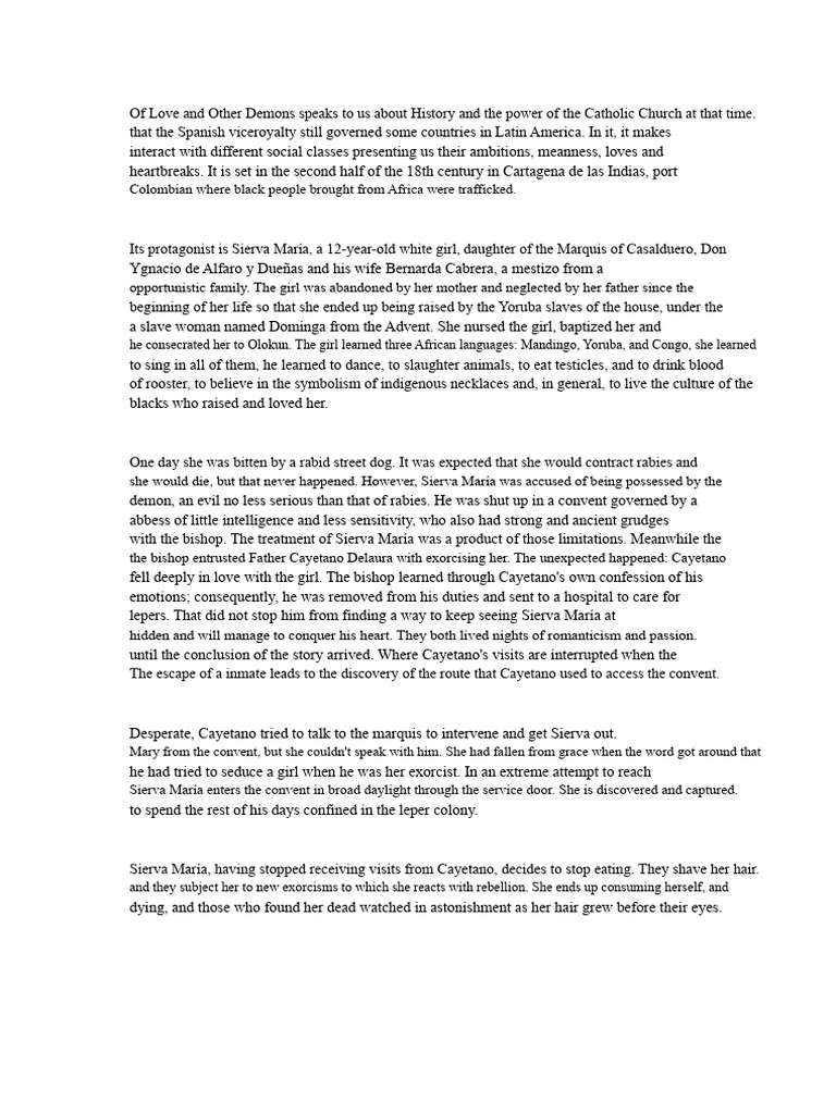 Summary of Love and Other Demons | PDF