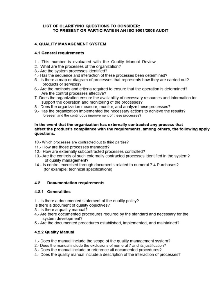 List of ISO 9001:2008 Audit Questions | PDF | Audit | Quality ...