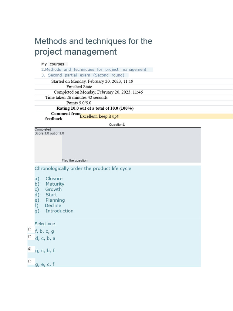 Methods and Techniques For Project Management Second Partial Exam | PDF