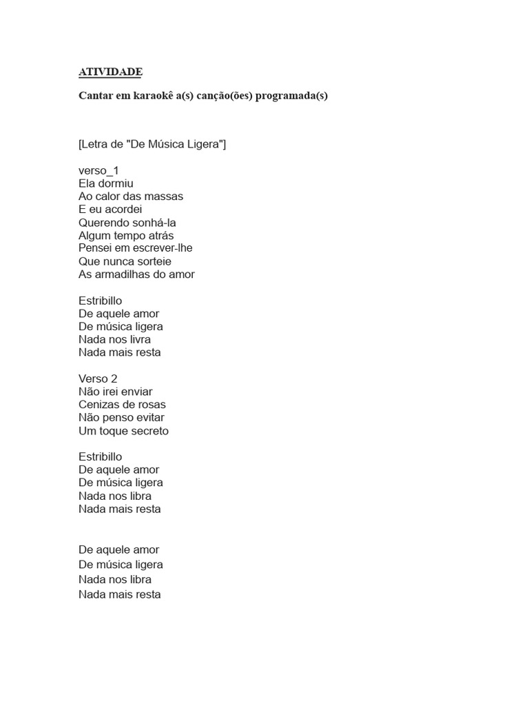 LETRA KARAOKE MÚSICA LEVE.docx | PDF