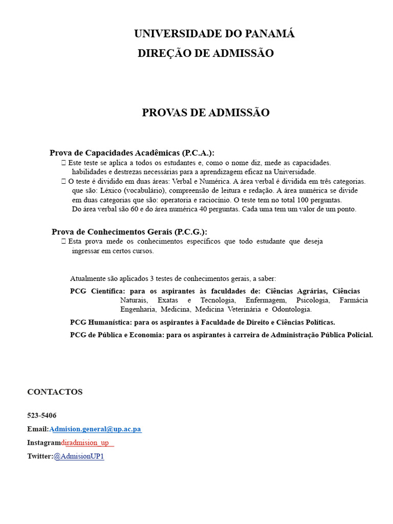 Provas de Admissão na Universidade do Panamá | PDF