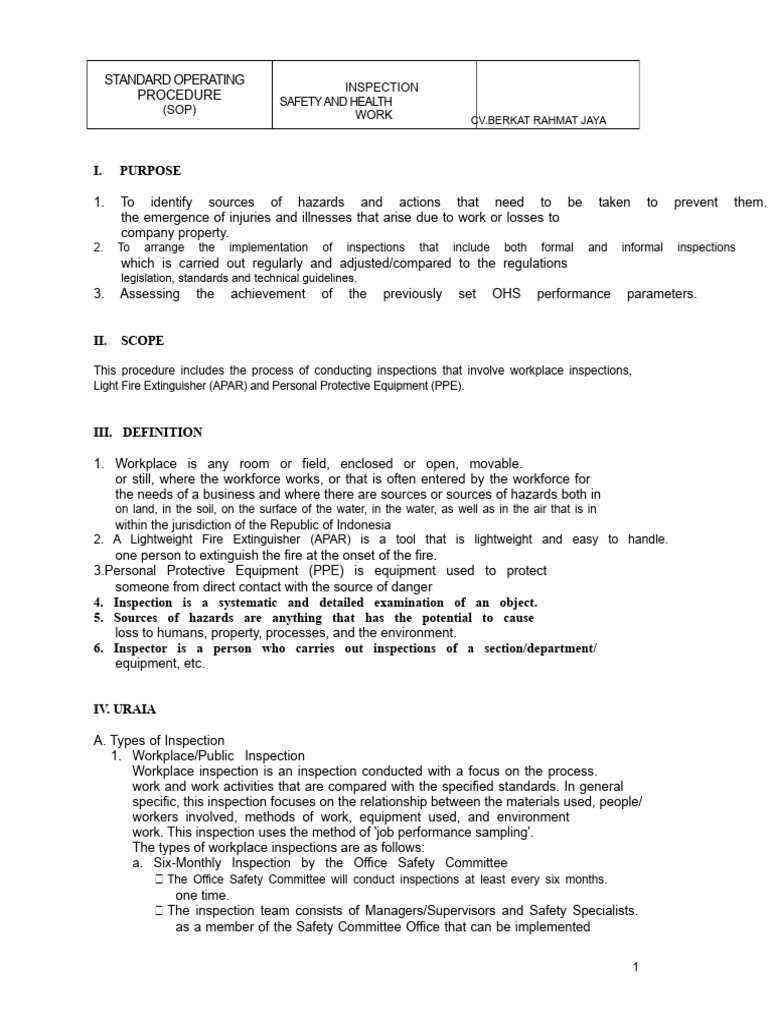 SOP for Workplace Safety Inspections | PDF | Occupational Safety And ...