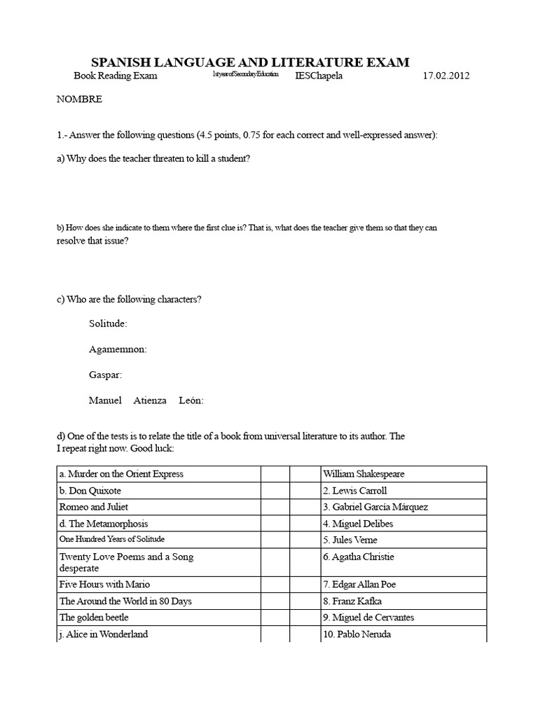Spanish Literature Exam Questions 2012 | PDF