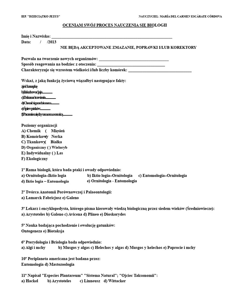 Ewaluacja. O Gałęziach Biologii I Cechach Organizmów Żywych | PDF