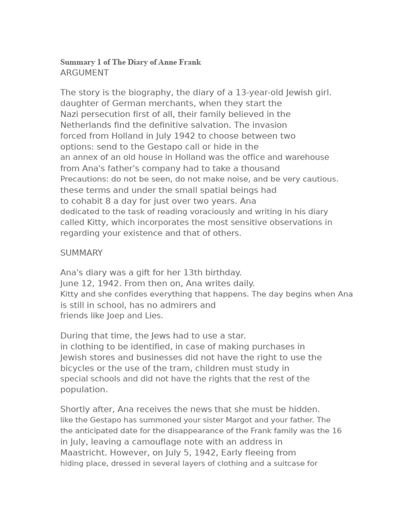 Summary of Anne Frank's Diary | PDF | Anne Frank