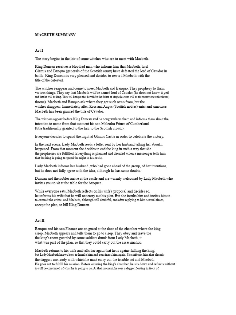 Macbeth Summary | PDF | Macbeth | Shakespearean Tragedies