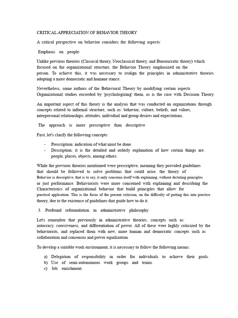 Critical Appreciation of Behavioral Theory | PDF | Theory | Behaviorism