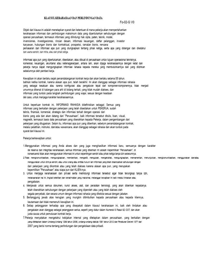 Klausul Kerahasiaan dan Perlindungan Data | PDF