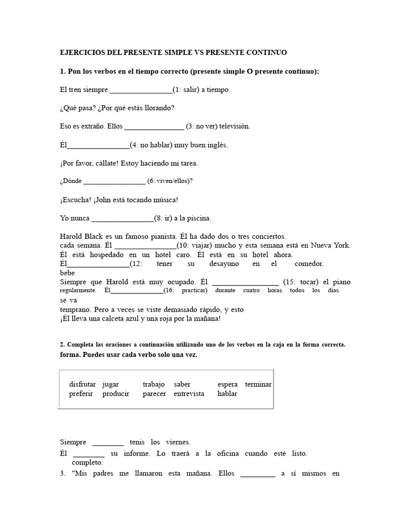 Ejercicios de Presente Simple Vs Presente Continuo | PDF