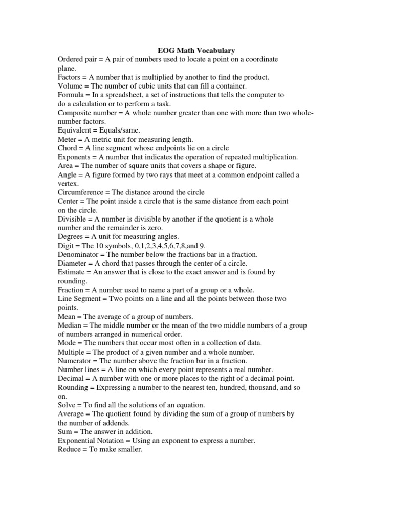 EOG Math Vocabulary | PDF | Numbers | Fraction (Mathematics)