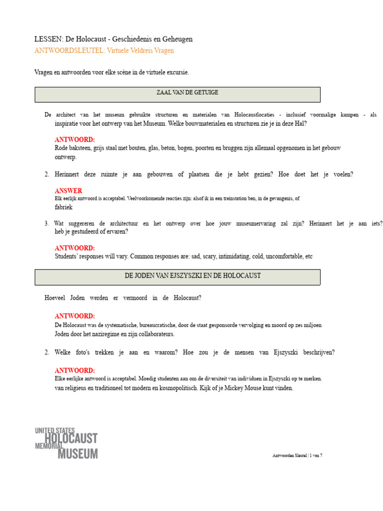 USHMM Holocaust Geschiedenis Geheugen Worksheet Antwoorden | PDF