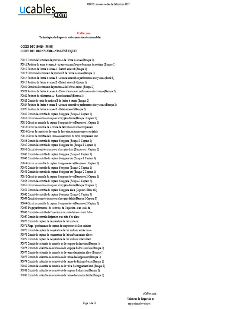 Codes DTC OBD2 : Guide Complet | PDF | Allumage | Injection (moteur)